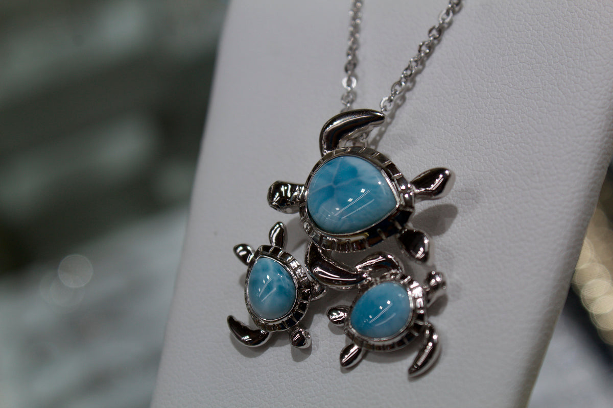 Blue Larimar Turtle Pendant – Silver and Gold - Key West