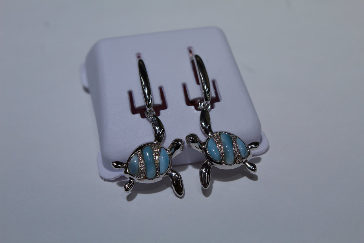 Stunning Blue Larimar Turtle Earrings – Silver and Gold - Key West